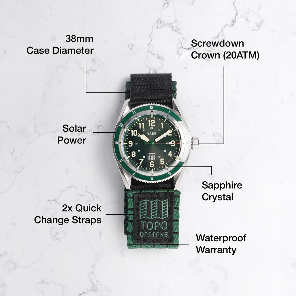 VAER | DS4 Topo Designs x W&W Solar Hiker - Green: 38mm, 20ATM